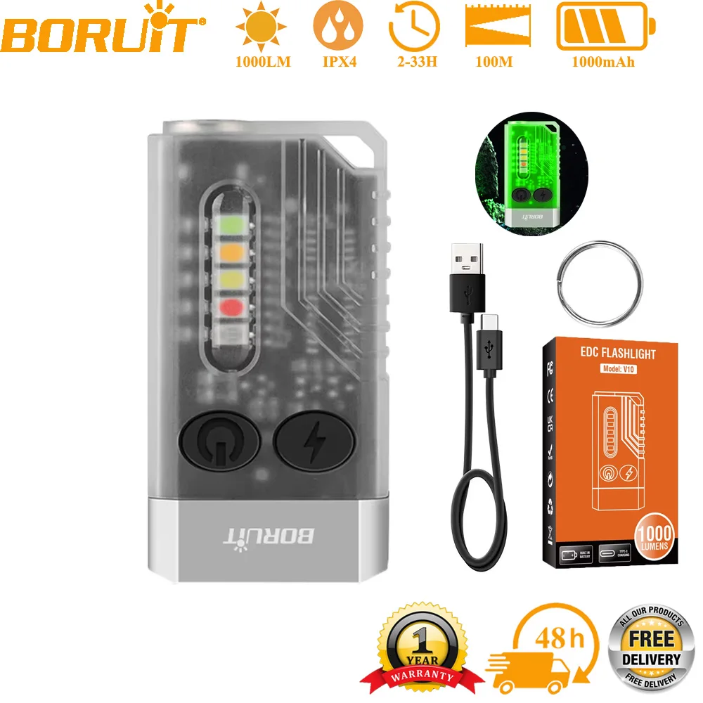 BORUiT V10 EDC Keychain Flashlight Portable Mini Torch Type-C ...