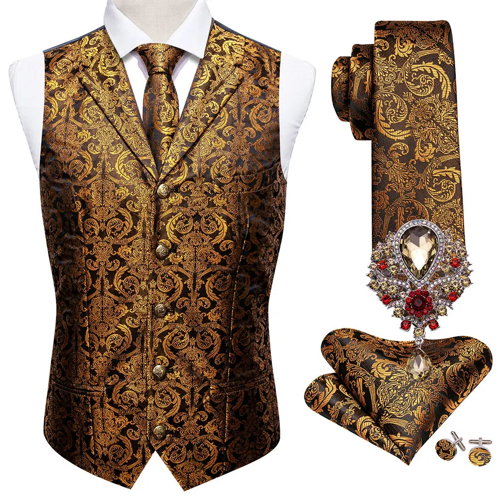S-3XL-Business-Mens-Suit-Vest-Lapel-V-Neck-Silk-Casual-Gold-Paisley ...