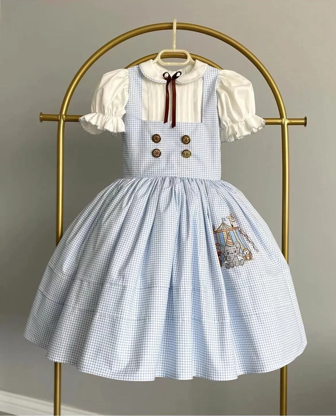 Baby Girl Summer Blue Plaid Dumbo Embroidery Turkish Vintage Princess ...