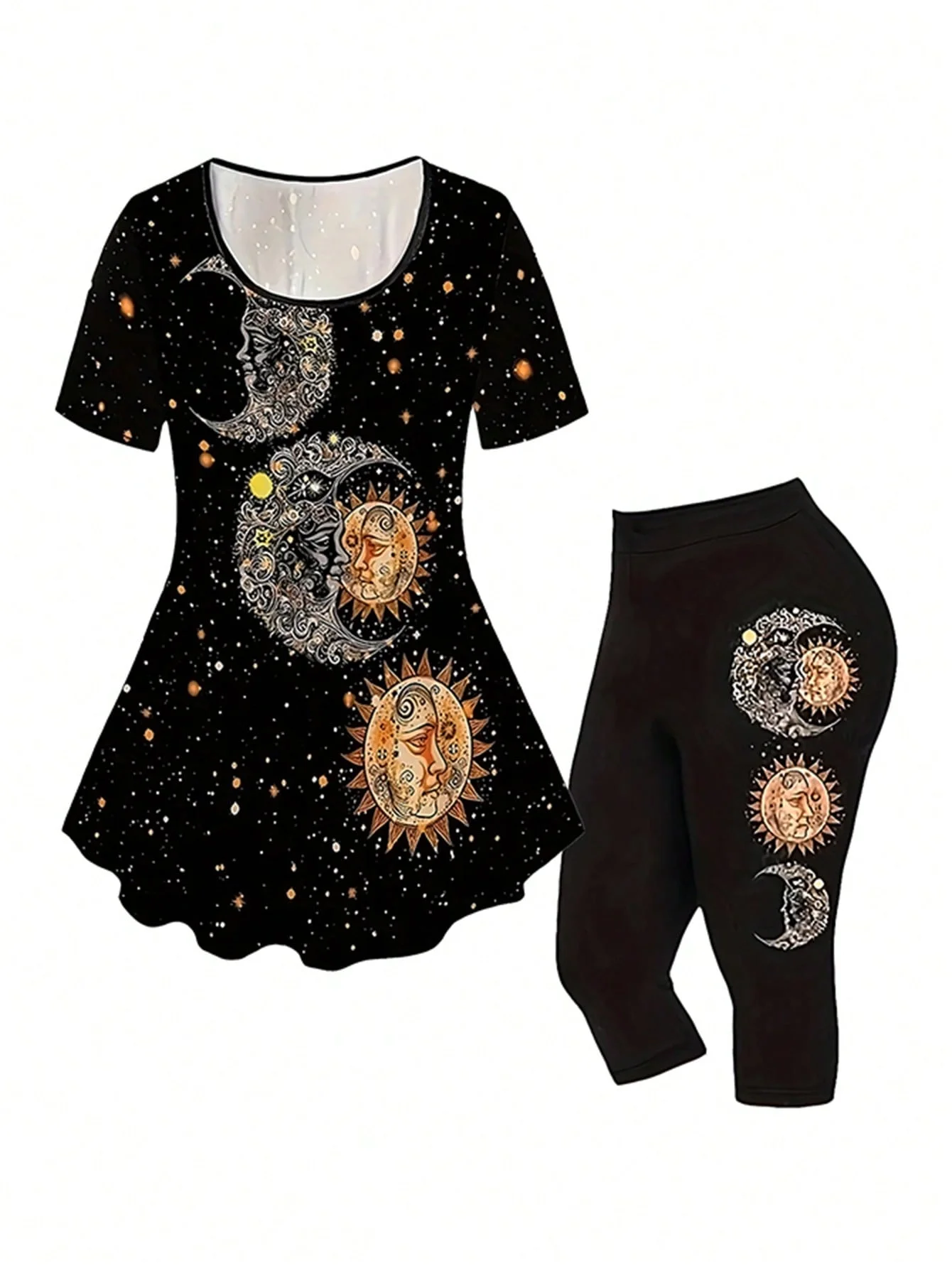 Plus Size Sun & Moon Print Capris Leggings Set, Crew Neck Short Sleeve ...