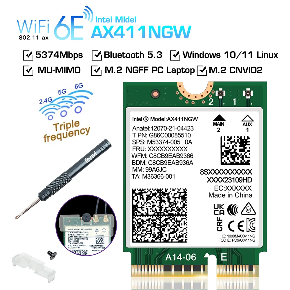 Wifi 6e Wireless Card Intel Ax411 Cnvio2 Bluetooth5.3 Tri-band 5374mbps ...