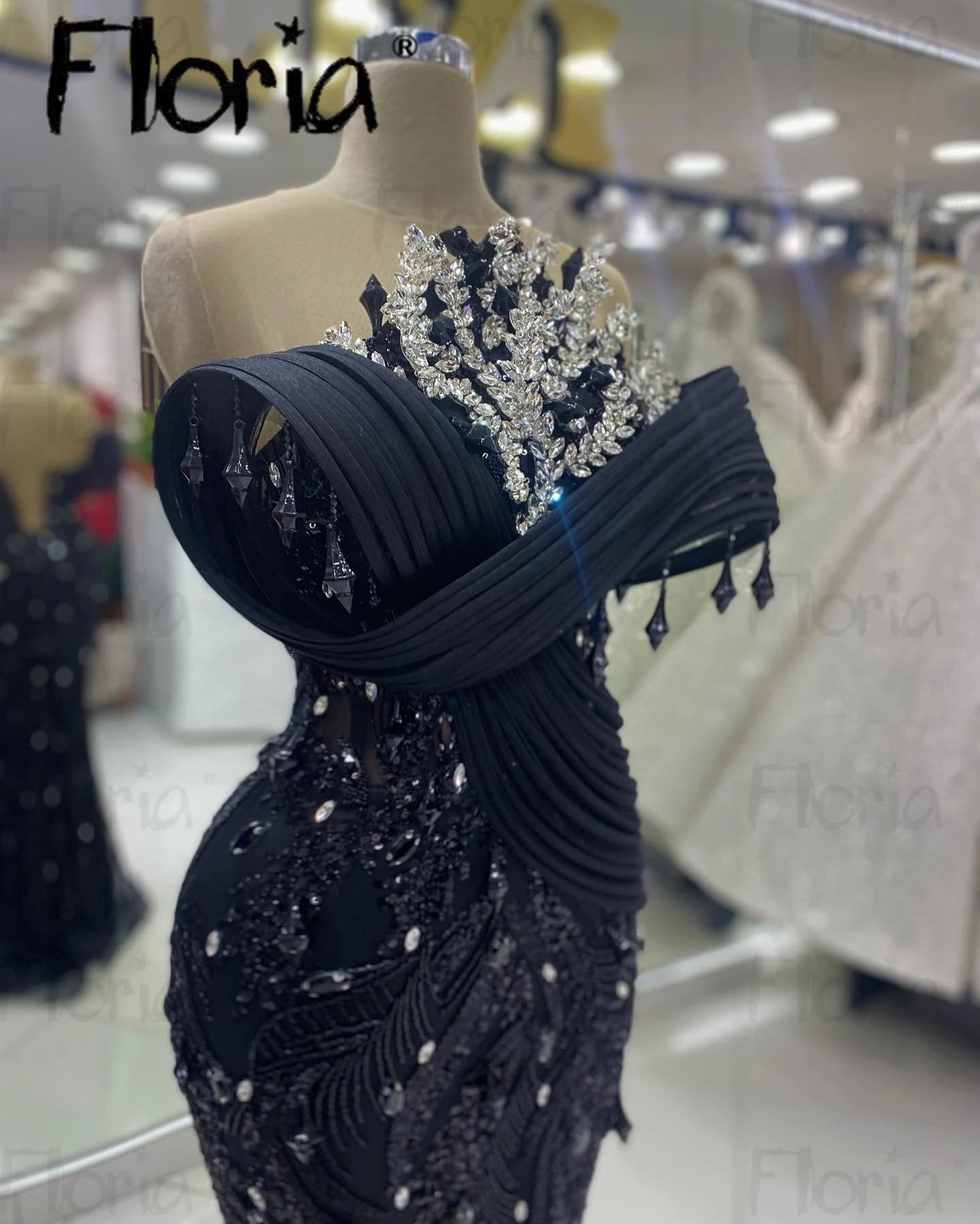 Solid-Black-Cocktail-Dress-With-Silver-Stones-Off-Shoulder-Dubai ...