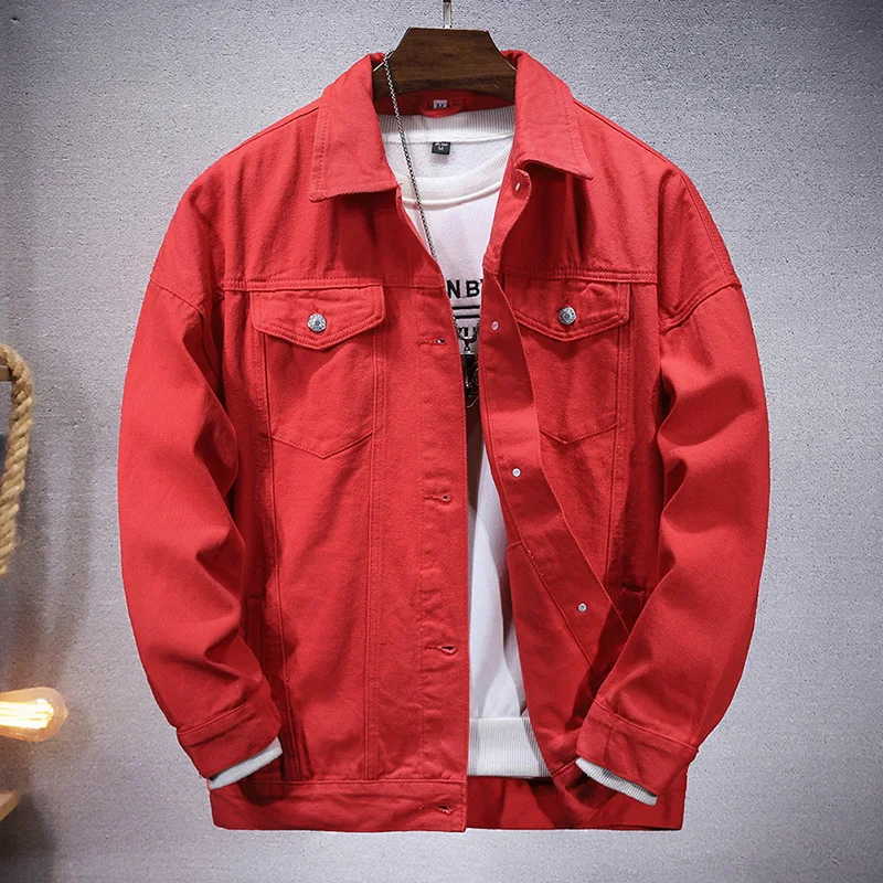 Casual Simple Watermelon Red Loose Men's Denim Jacket Breathable Wear ...