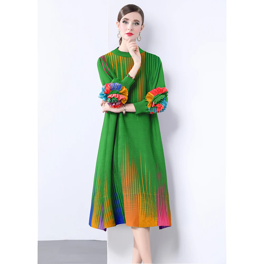 Miyake Pleats Heavy Embroidery and Flower-like Pleated Print Midi Dress ...
