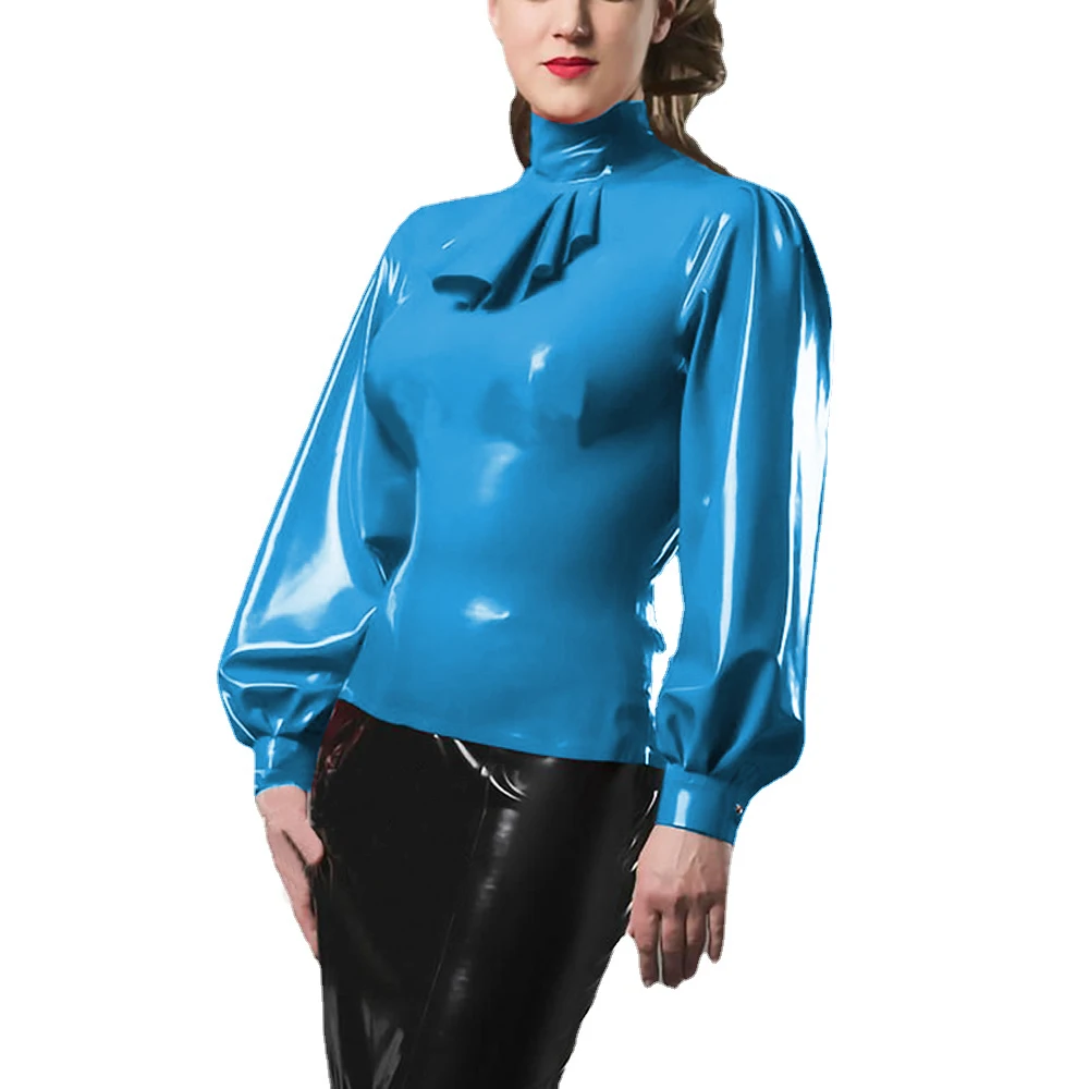 Women-s-Vinyl-PVC-Leather-Tee-Shirts-Elegant-Puff-Long-Sleeve-Slim ...