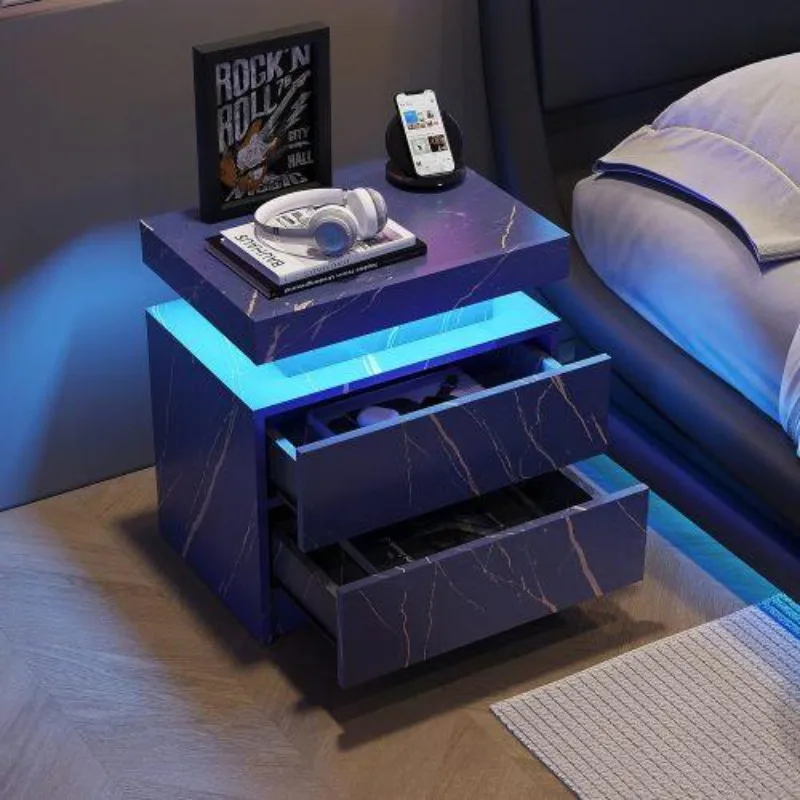 Bedroom-bedside-table-LED-light-Bedside-Table-With-Two-Drawers-And ...