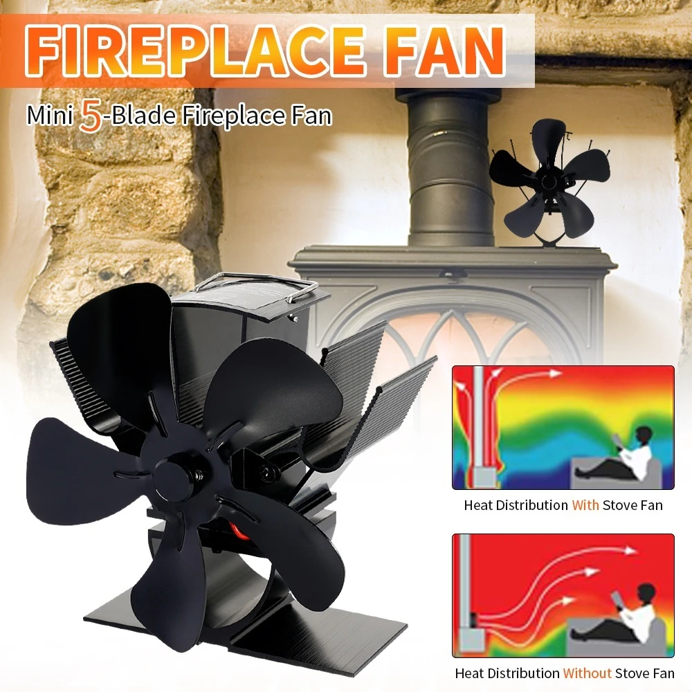 5 Blade Heat Powered Stove Fan Mini Fireplace Fan Log Wood Burner Eco ...
