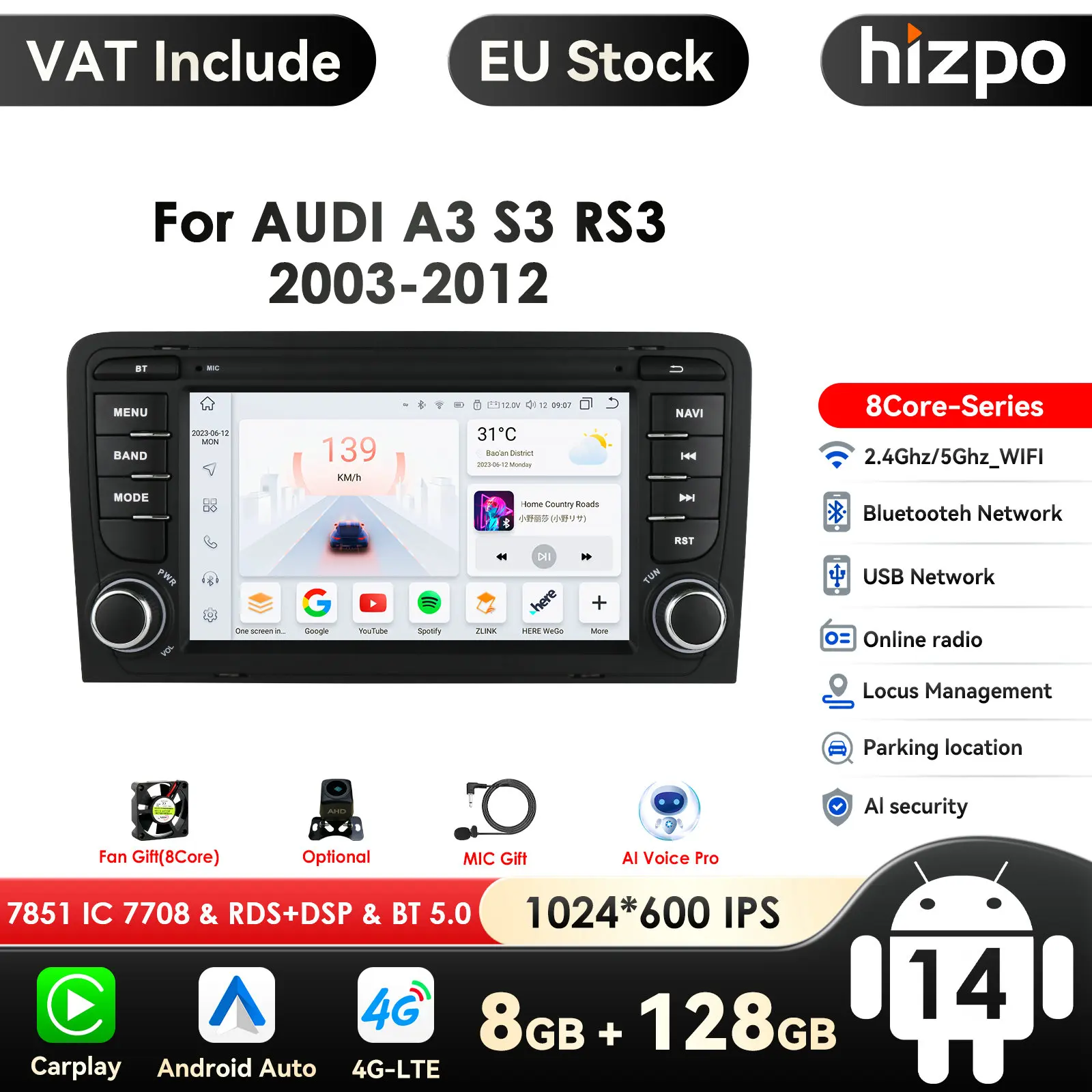 4G-LTE Carplay 7inch Android Car Radio GPS for Audi A3 8P 2003-2012 S3 ...