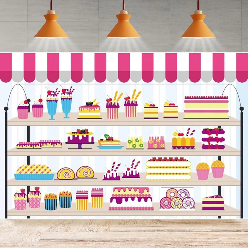Cartoon-Cake-Shop-Photography-Backdrop-Red-And-White-Bakery-Sweets-Cake ...