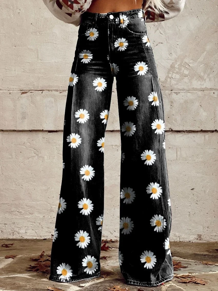 Heat-Transfer-Fashion-Daisy-Women-s-Extra-Long-Pants-High-Waisted-Wide ...