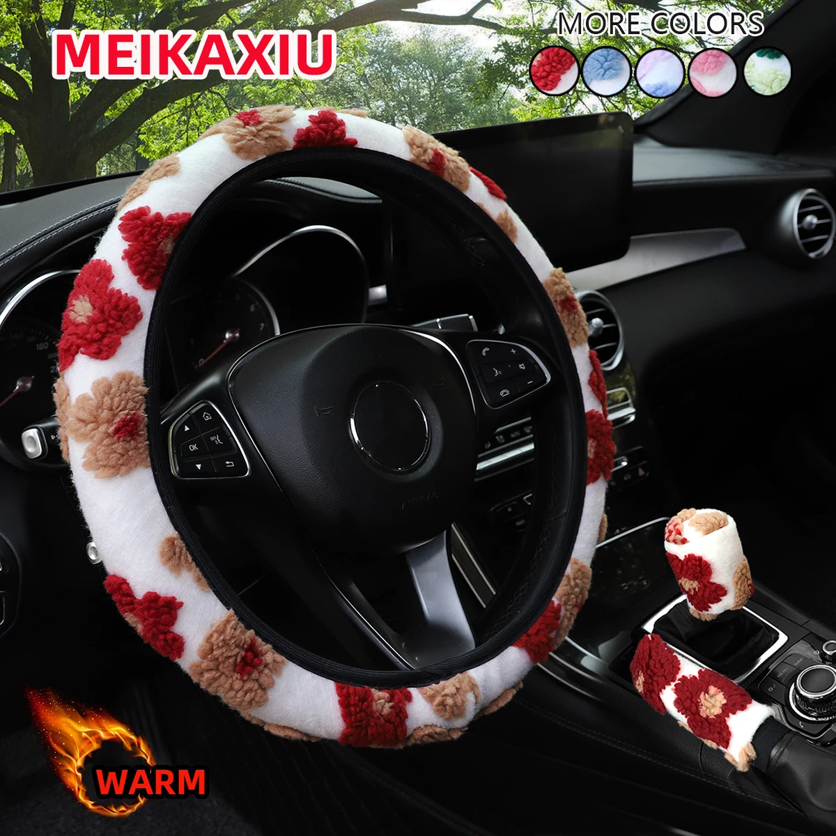 3 plush flower hand warmer Winter car without inner ring steering wheel ...