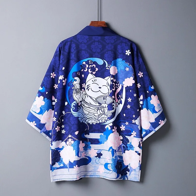 Kimono Cardigan Male Yukata Cat Print Chinese Style Japanese Samurai ...