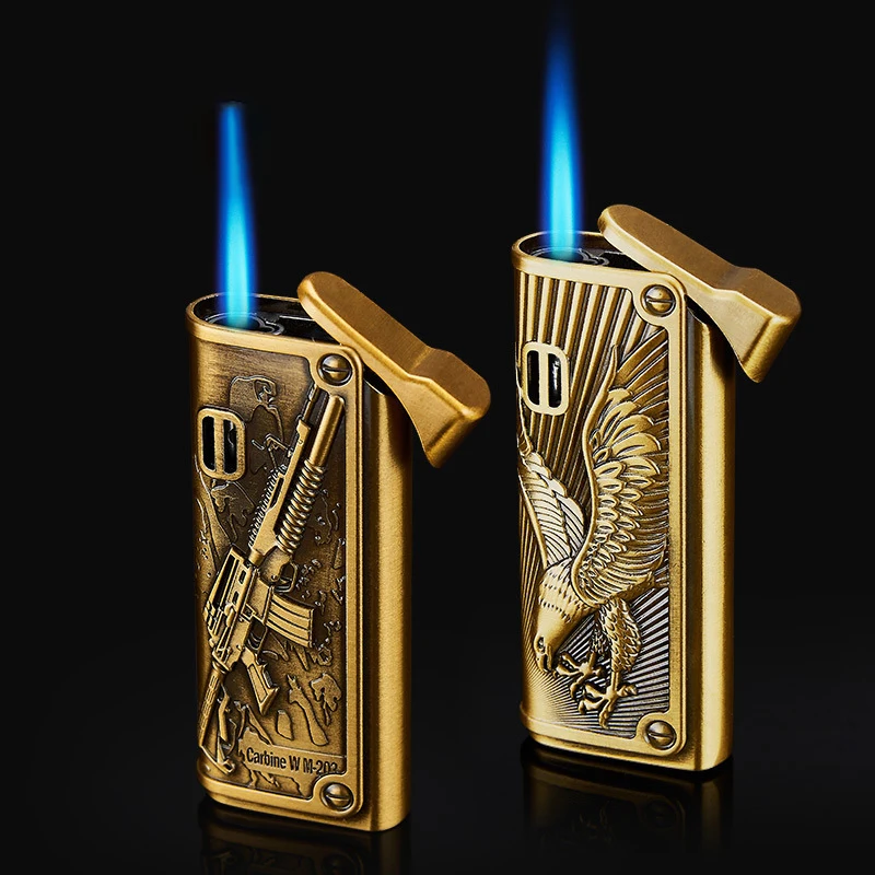 Blue-Flame-Inflatable-Lighter-Windproof-High-end-Creative-Leather-Retro ...
