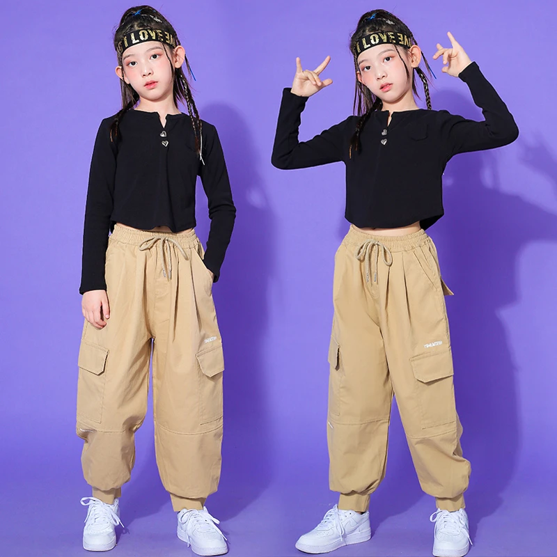 Kids Hip Hop Dance Clothes For Girls Black Tops Khaki Cargo Pants Loose ...