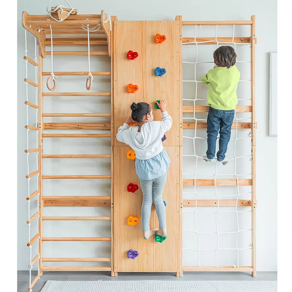 9-in-1 Indoor Playground Kid Ladder Wall with Rock Climbing and Play ...