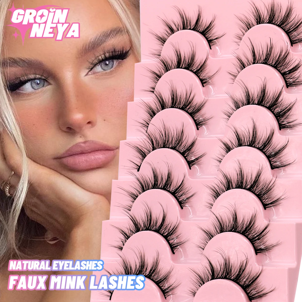 GROINNEYA 7 pairs Eyelashes 3D Natural False Lashes Fluffy Soft Cross ...