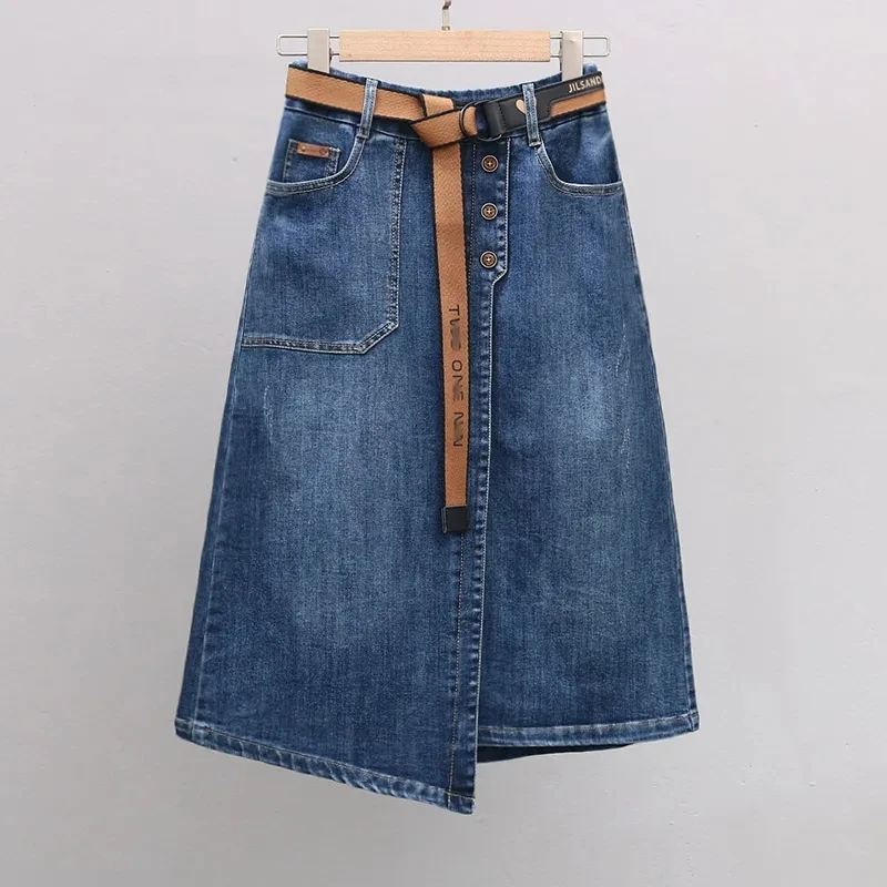 Saias jeans de cintura alta femininas com cinto, streetwear retrô, saia ...