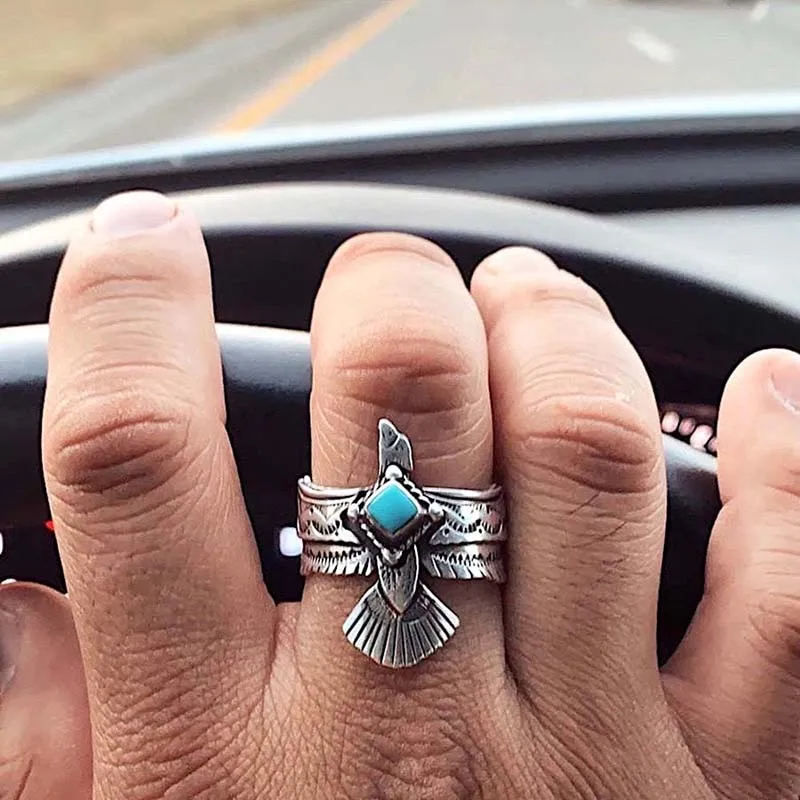 Textured-Eagle-Blue-Stone-Finger-Rings-for-Women-Vintage-Personalized ...