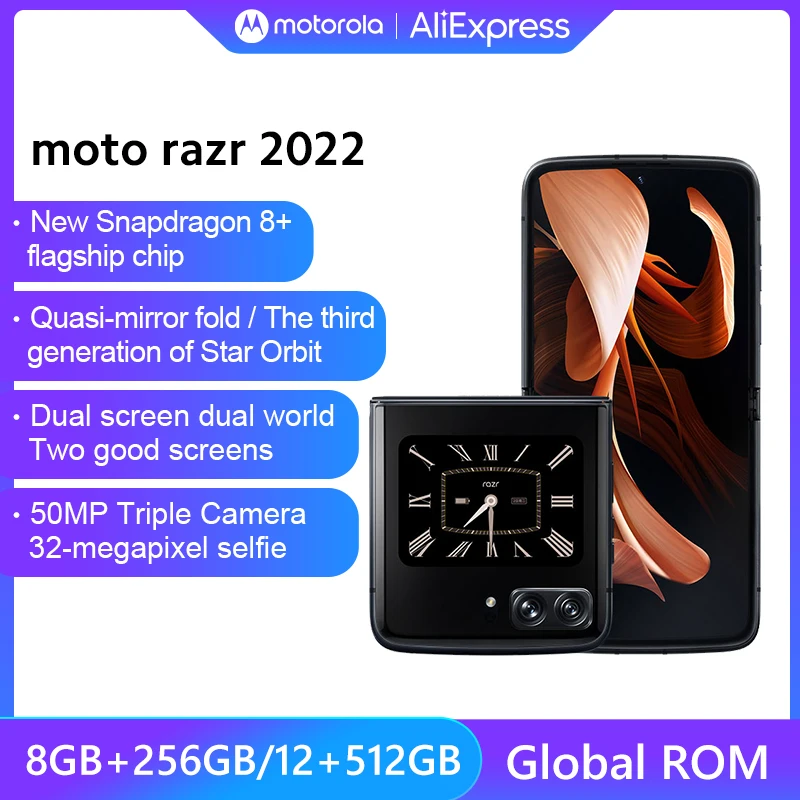 Motorola Smartphone MOTO razr 2022 5G, Rom Global, pantalla plegable, 8 + Gen1 Snapdragon, 6,7 ...