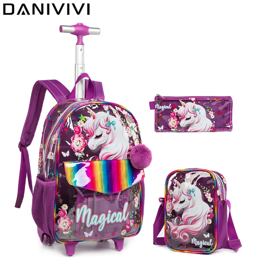 School Girl Wheeled Backpack School Backpack Cartoon Pattern PVC School ...