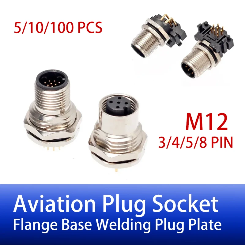 5-10-100PCS-Aviation-plug-socket-M12-3-4-5-8-straight-pin-flange-base ...