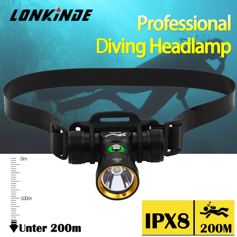 Professional Diving Headlamp 200 Meters Underwater Headlight L2 Led ...