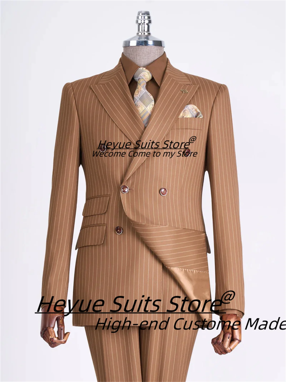 Champagne Gold Stripe Men Suits Slim Fit Double Breasted Groom Formal ...