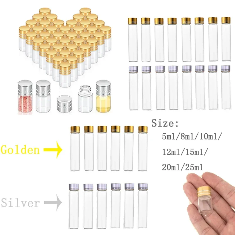 10Pcs 5ml-25ml Clear Glass Straight Bottle w/ Aluminum Cap Mini Flat ...