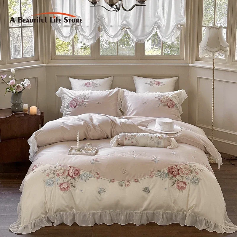 Lace-Ruffles-Princess-Bedding-Set-Luxury-1000TC-Egyptian-Cotton-Flowers ...