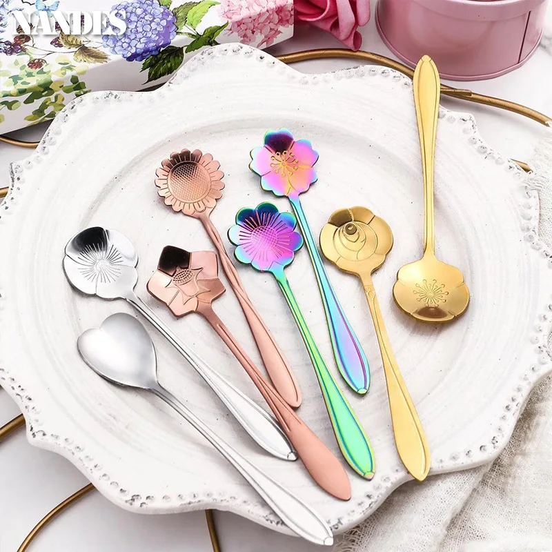8Pcs Small Flower Teaspoon Stainless Cherry Rose Flower Coffee Spoon ...