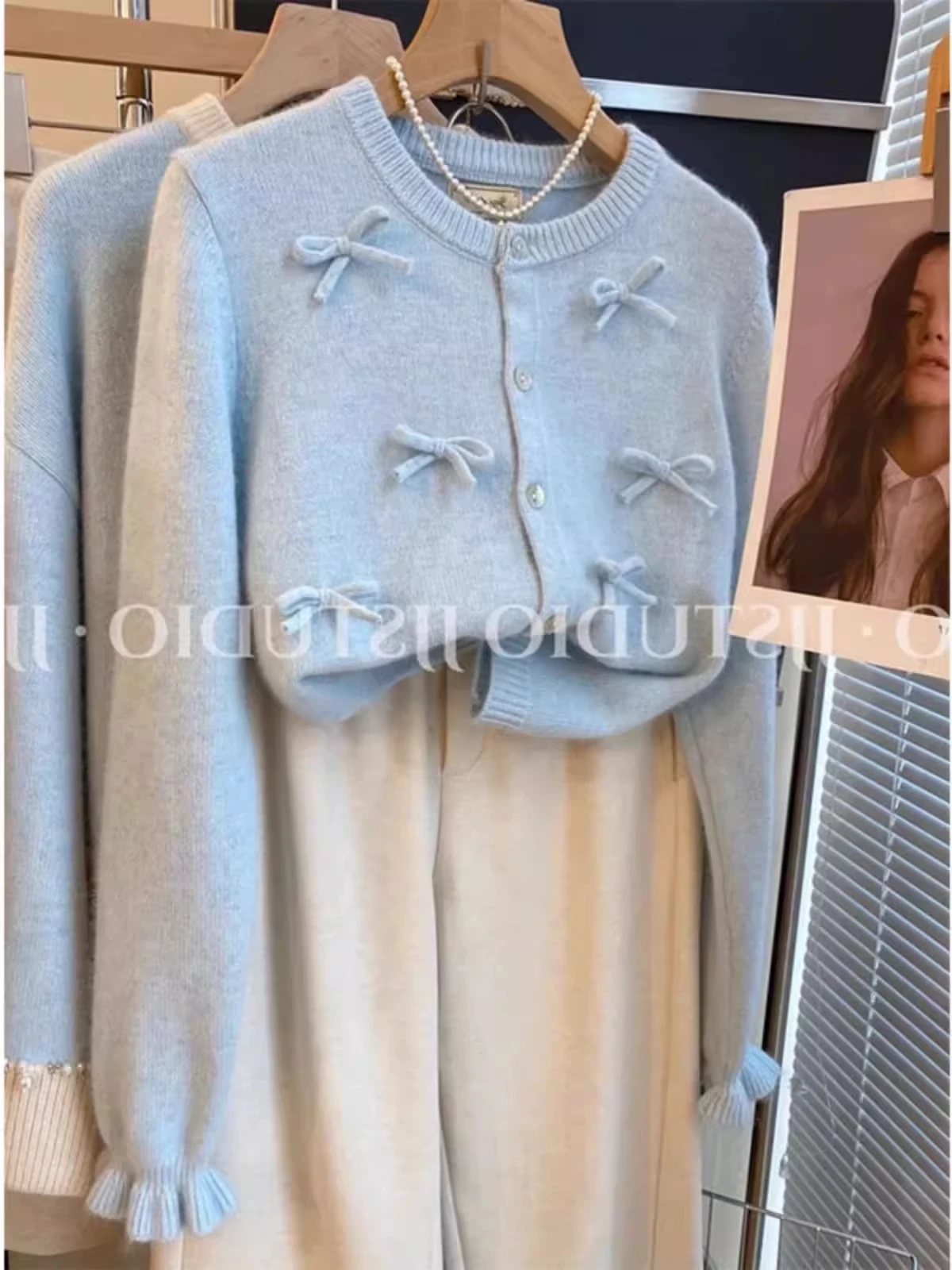Blue-Bow-Sweater-Cardigan-Women-s-Autumn-Winter-Soft-Lazy-Style-Knitted ...
