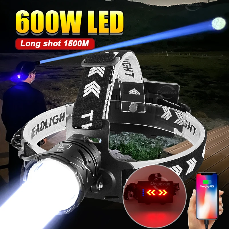 9000LM Most Powerful Headlamp 600W LED White Laser Head Lamp 18650 ...