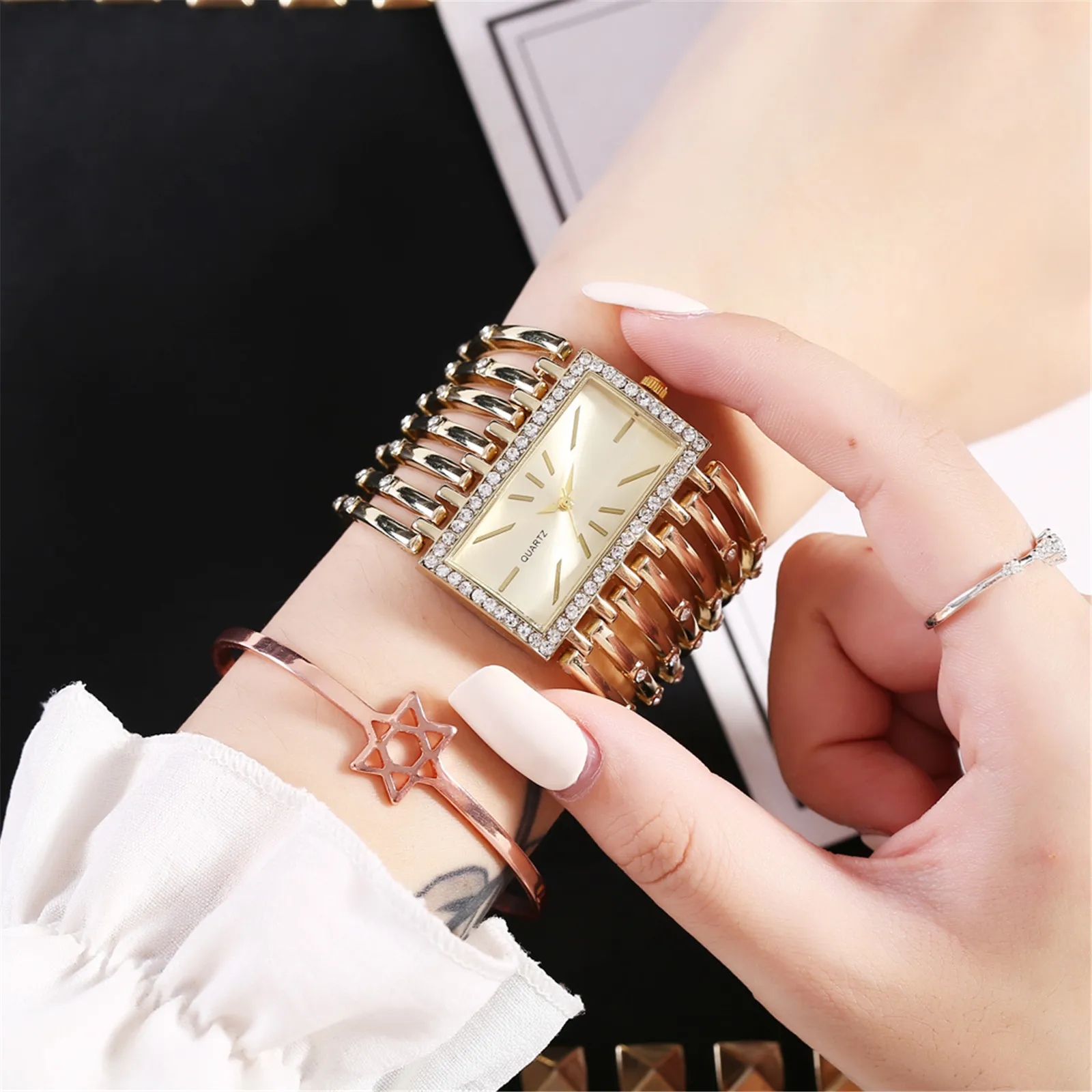 Wide-Strap-Casual-Quartz-Watch-Stainless-Steel-Band-Women-Rhinestone ...