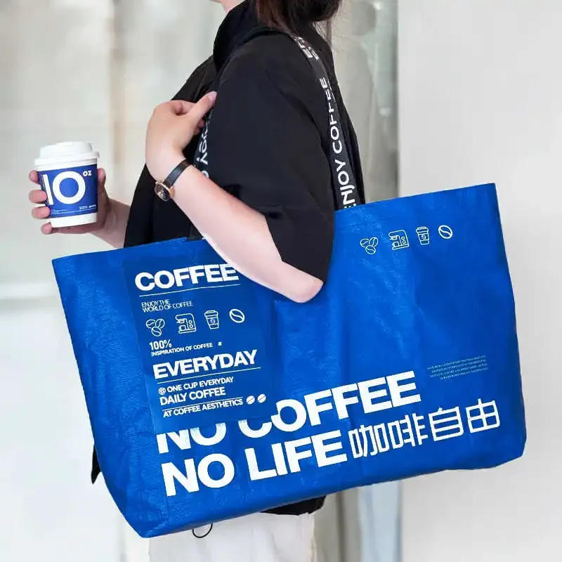 Large Capacity Blue Waterproof Woven Shopping Bag Shoulder Bag Reusable ...