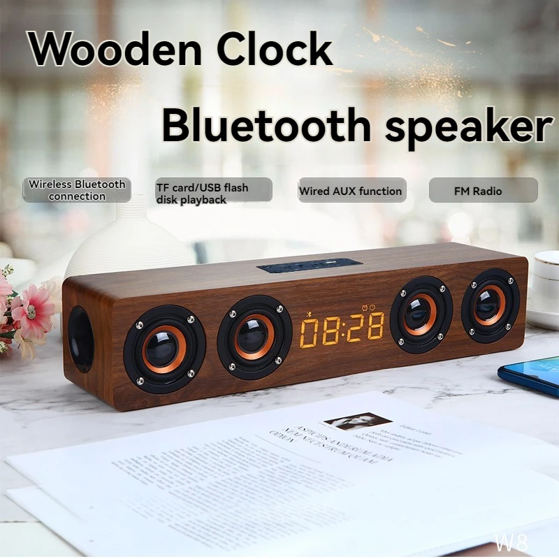 W8C Clock Multi Functional Card Wireless Bluetooth Wooden Retro Sound ...