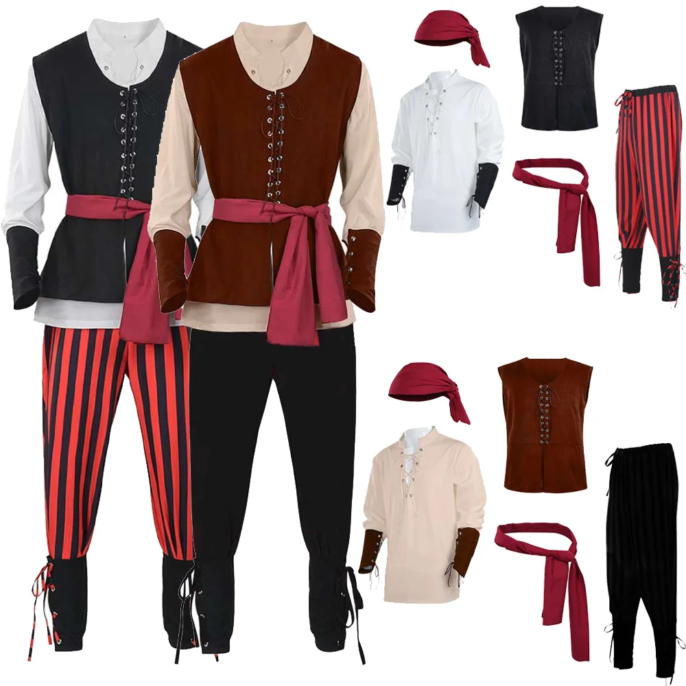 Medival Pirate Cosplay Scarf Vest Shirt Pants Belt Male Men Retro ...