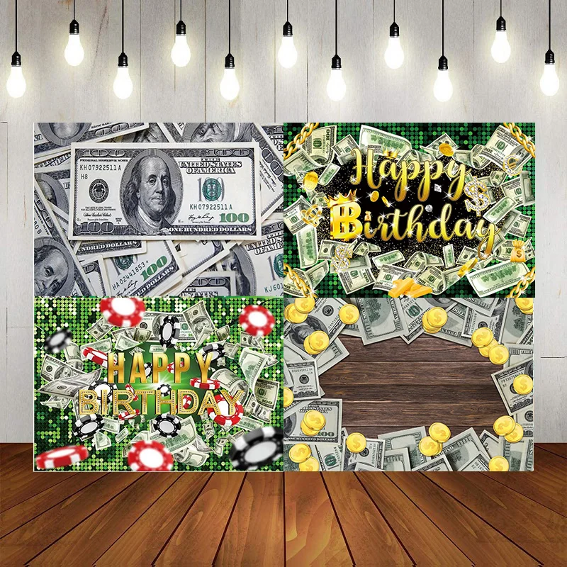 Money-Black-Gold-Birthday-Photobooth-Backdrop-Dollar-Bill-Diamond-Bday ...