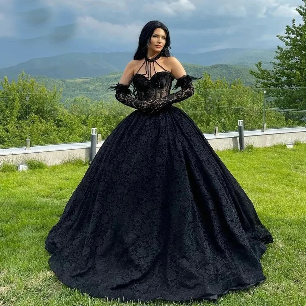 Beading Chain Halter Black Wedding Gowns Puffy Gothic Feathers Backless Corset Back Fully Lined Lace Customized Bridal Dress AliExpress