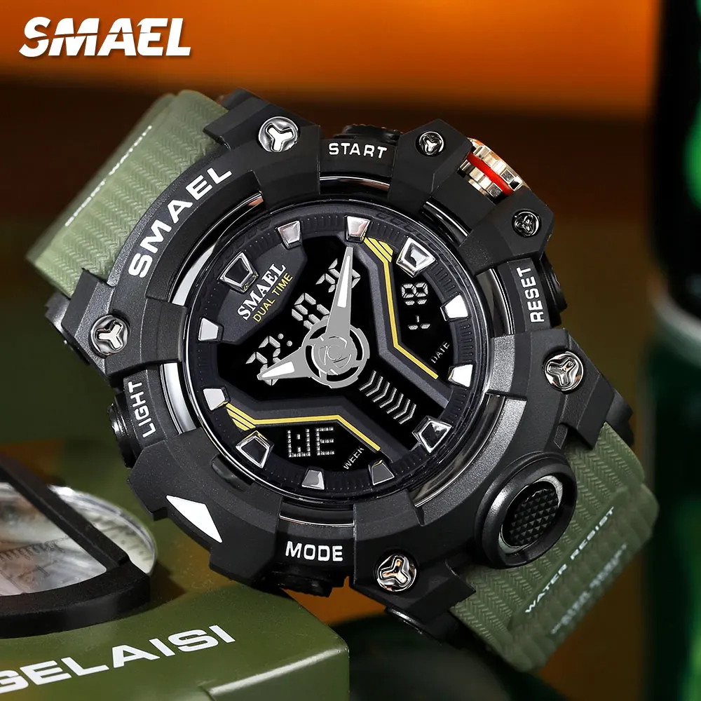 SMAEL-Digital-Watch-for-Men-with-Olive-Green-Rubber-Strap-Chronograph ...