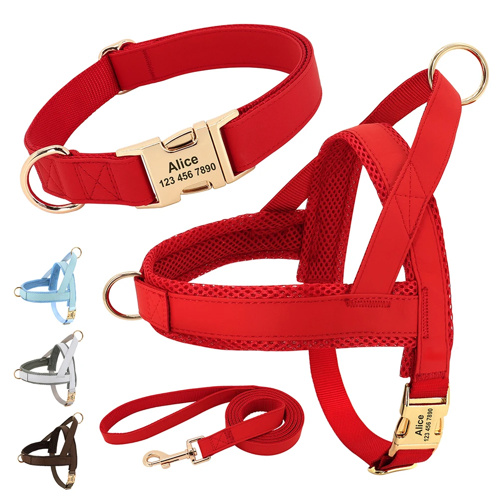 Customized Leather Dog Collar Harness Leash Set Personalized Pet Mesh ...