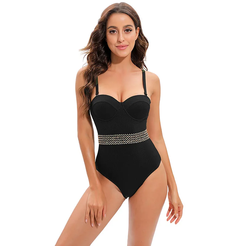 Push Up Swimsuit Women Underwire One Peice Monokini Black High Cut