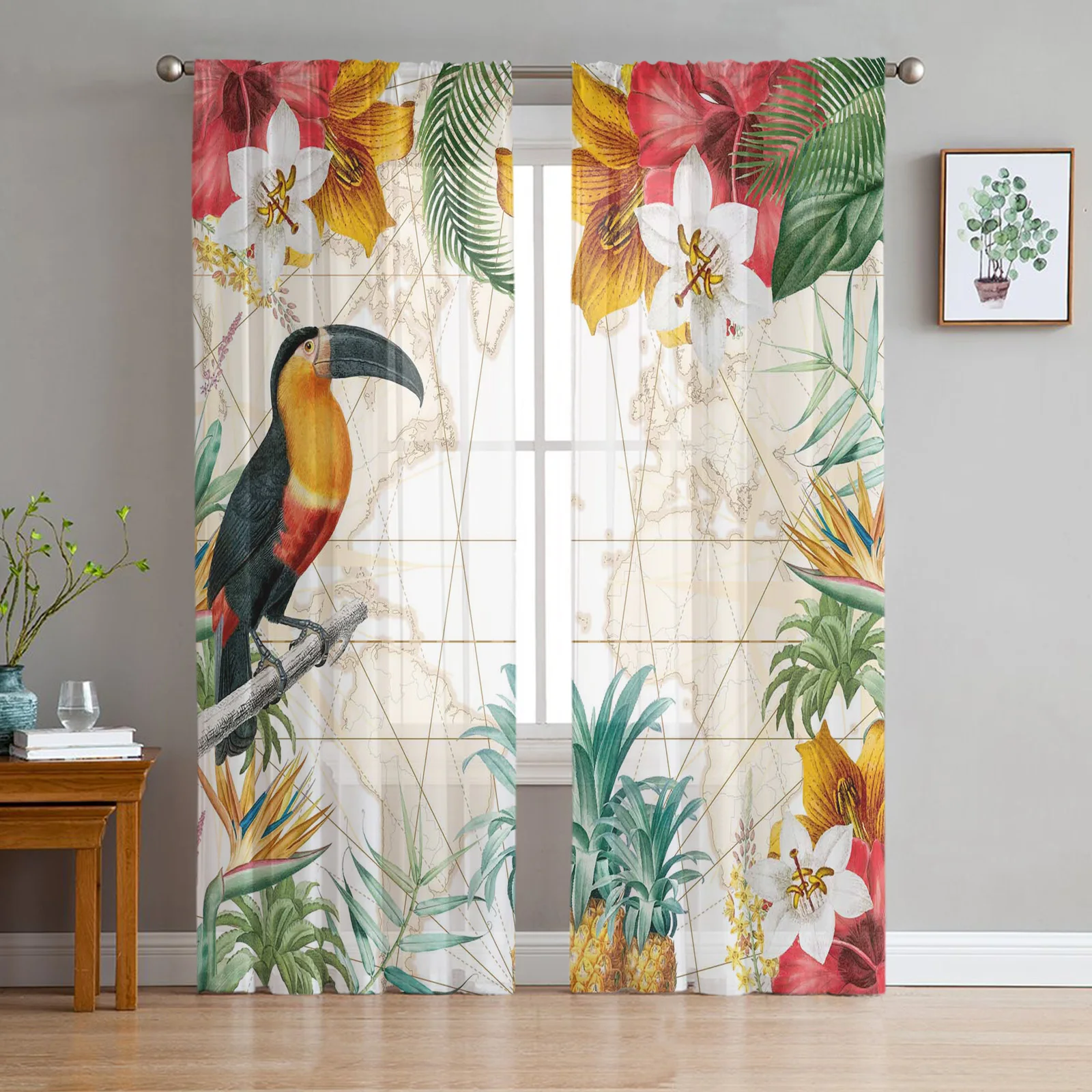 Rideaux-de-fen-tre-transparents-en-tulle-fleurs-Toucan-fruits-plantes ...