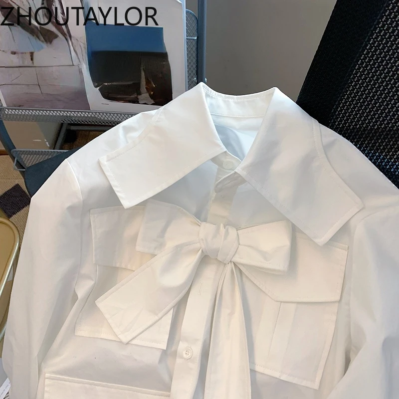 Zhoutatylor Women Shirts Office Lady Turn Down Collar Tops Femme