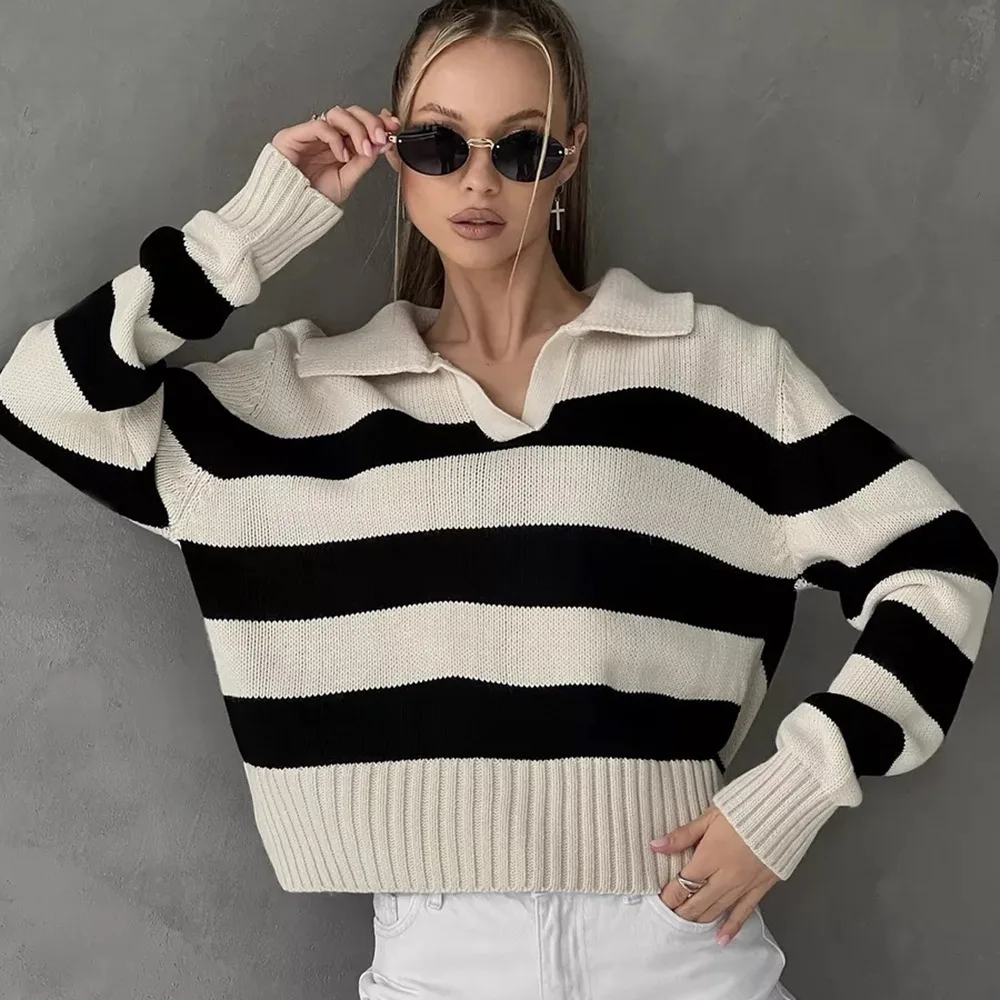Women-s-knitted-sweater-2024-autumn-and-winter-new-POLO-collar-striped ...