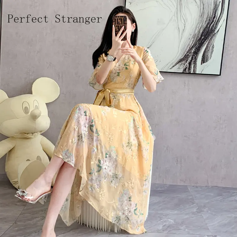 2024-Summer-Women-Korean-Slim-Mesh-Embroidered-Floral-Print-Tunic-Long ...