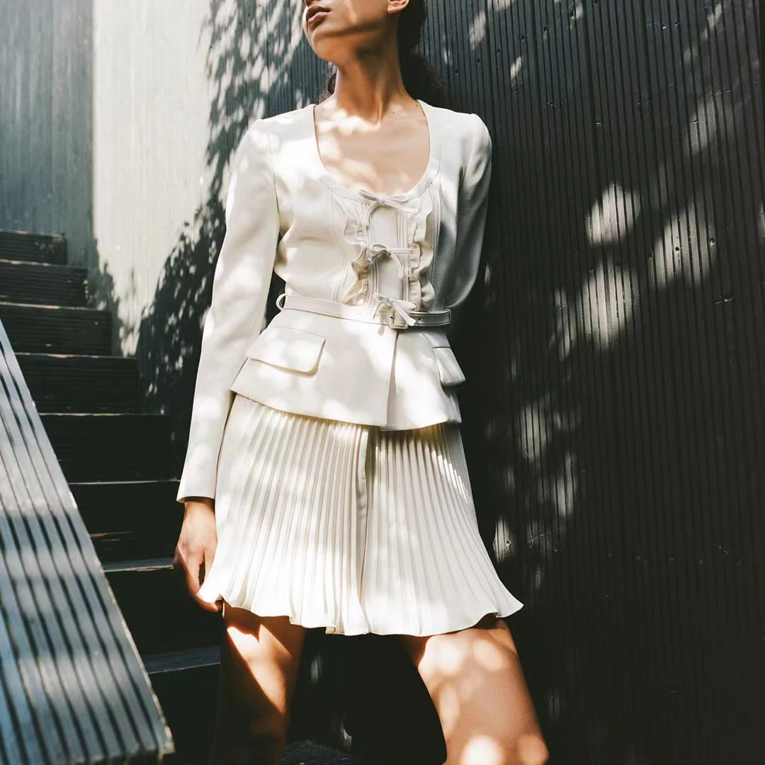 Women-Fake-two-pieces-Pleated-dress-long-sleeve-high-waist-temperament ...