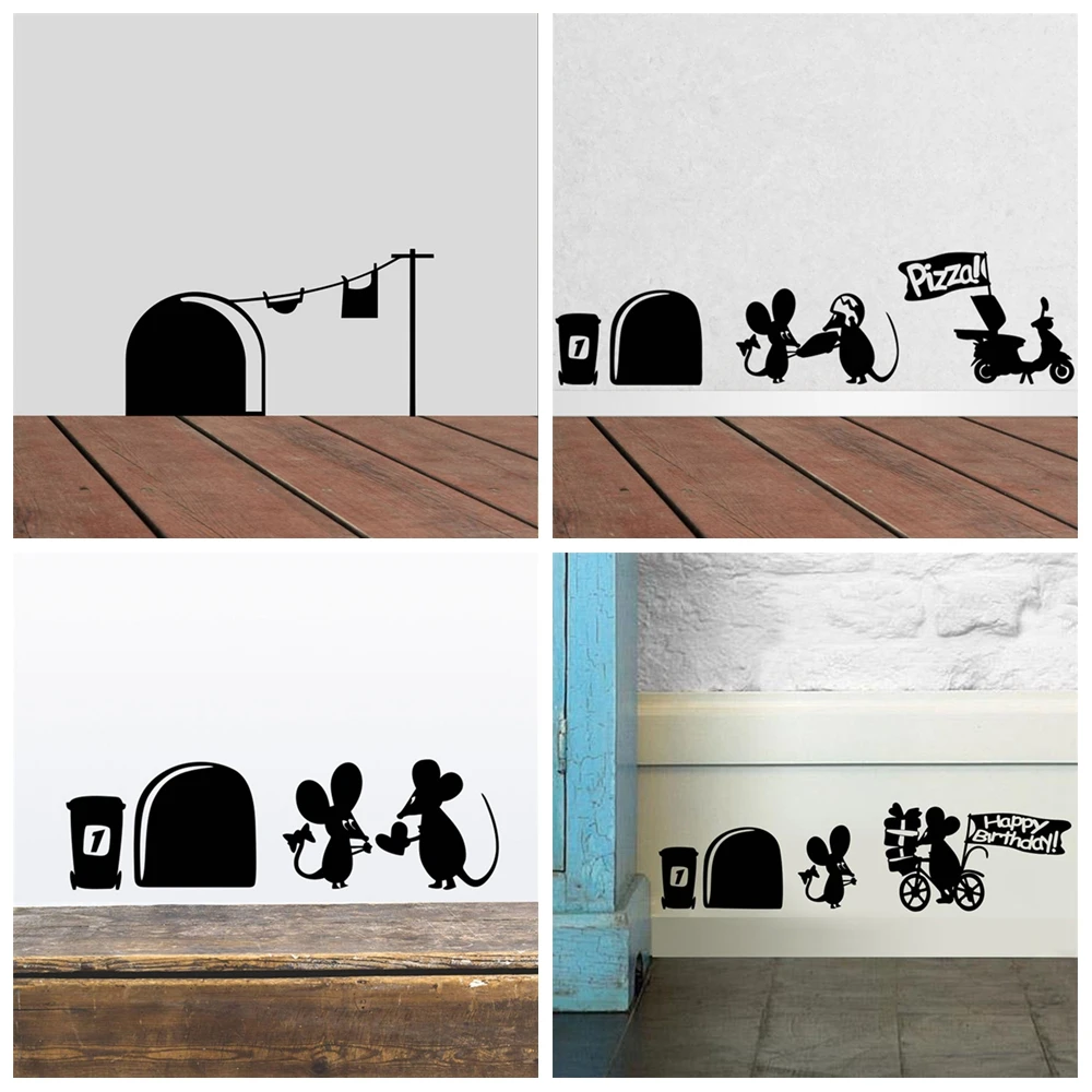 Funny Cartoon Mouse Wall Sticker DIY Black Mousehole Skirting Decal ...