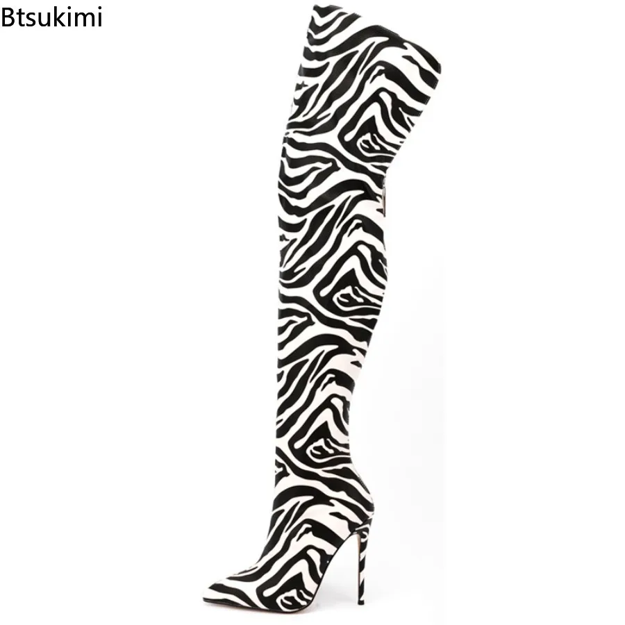 New 2026 Women's Black and White Zebra Printing Heeled Boots Elegant ...
