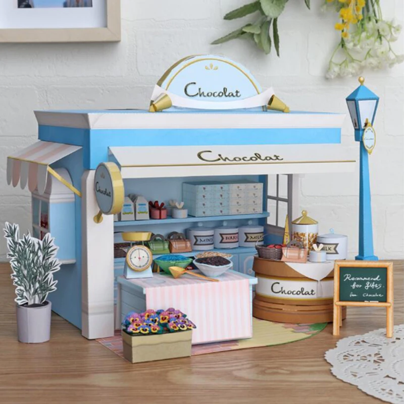 DIY Paper Dollhouse Miniature Furniture Kit 3D Chocolate Shop Model ...