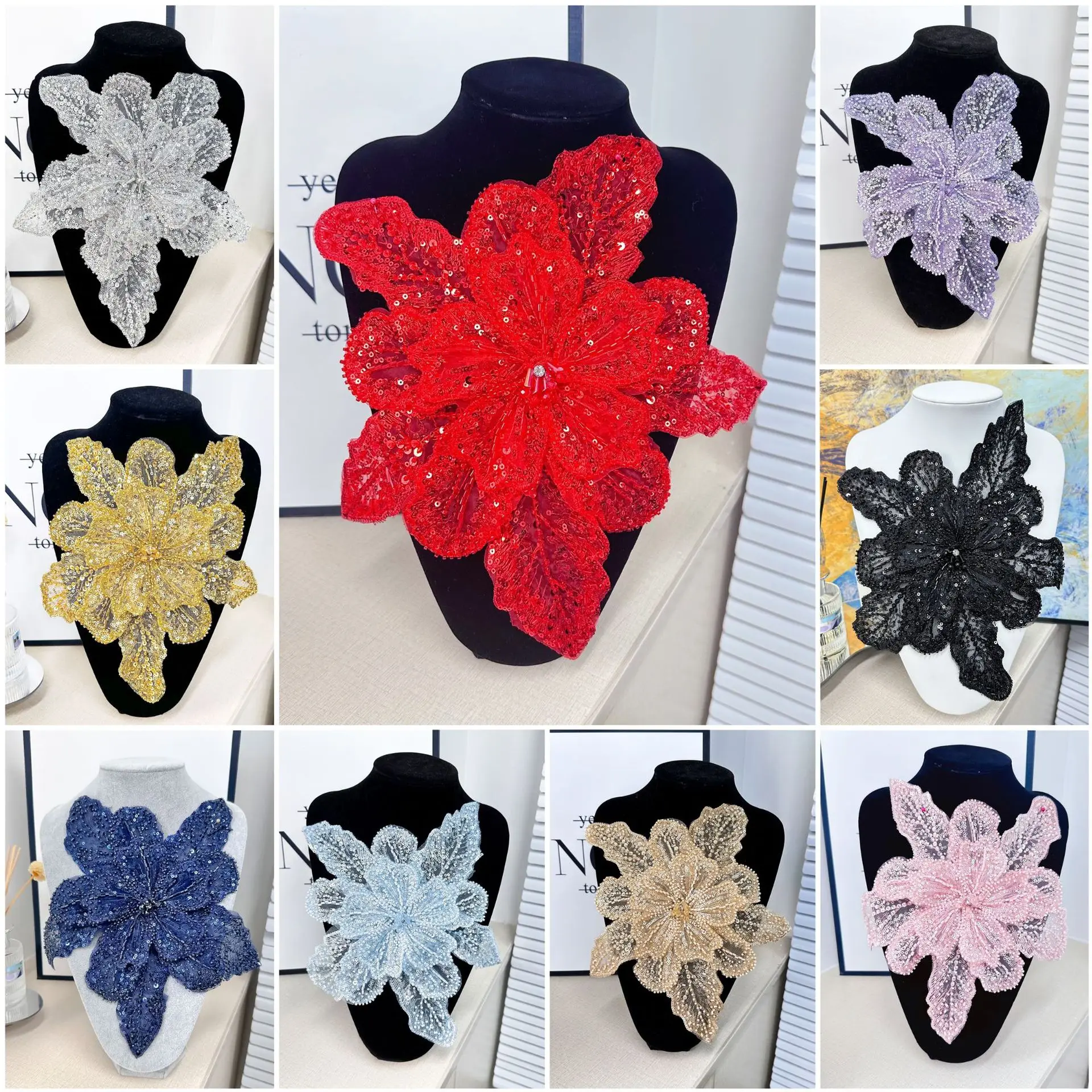 1PC-3D-White-Sequin-Flowers-Beaded-Lace-Fabrics-Applique-Embroidery ...